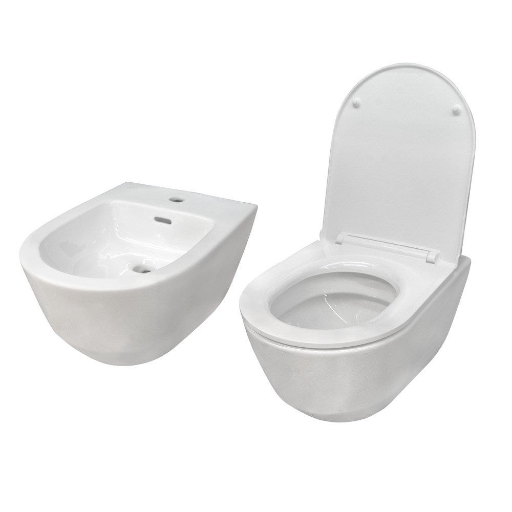 Set WC dhe Bide, Pro-Rimless, aks- 18cm, me kapak, montim në