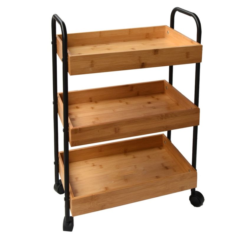 Raft shumëfunksional, 3 nivele, me rrota, bambu/metal, e zez