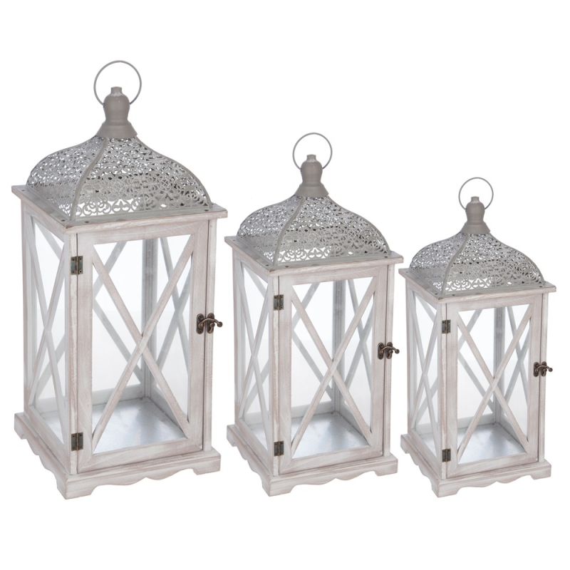 Decorative lantern set, 3 pieces, wood/glass/metal, white, S