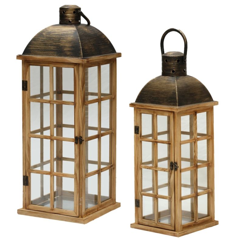 Decorative lantern set, 2 pieces, metal/glass, dark brown, 1