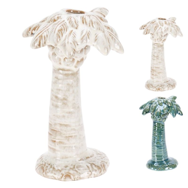 Candle holder, porcelain, white, green, palm tree, H20 x W13