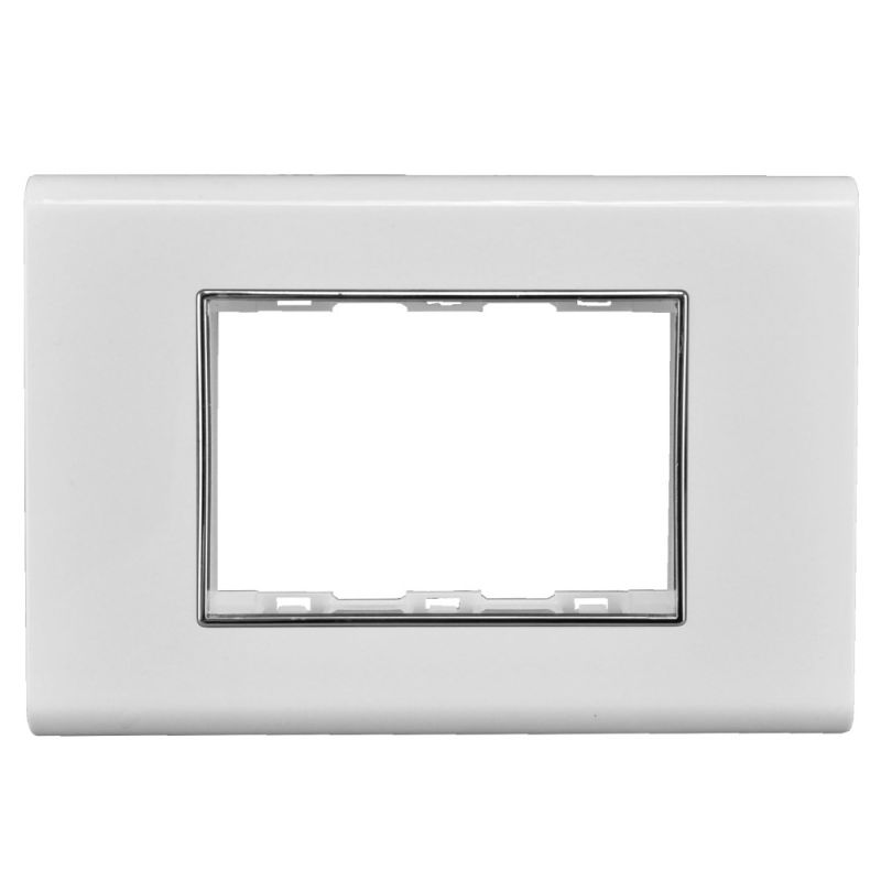Three gang frame plus frontplate with chrome décor | Megatek