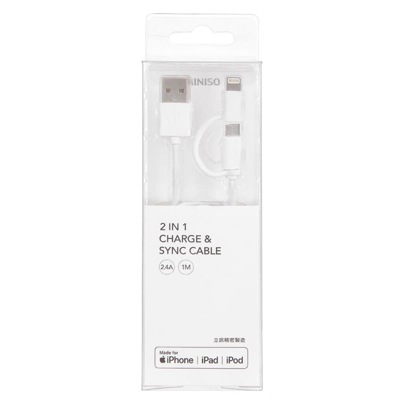 Charging cable, Miniso, Iphone and Android, 2.4 A, 1 m, whit