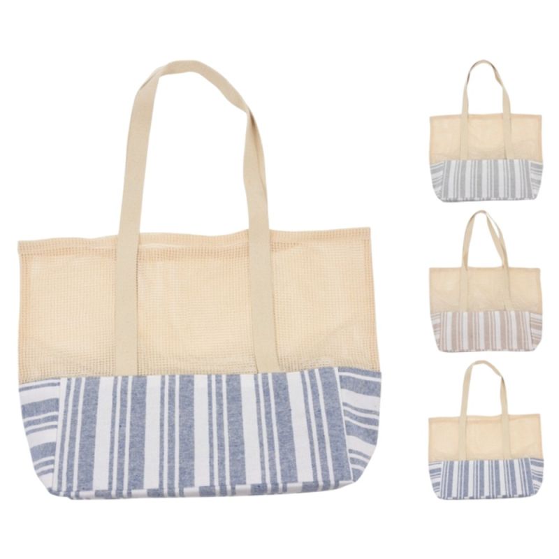 Net beach bag, light blue color with natural fibers, 52x14x3