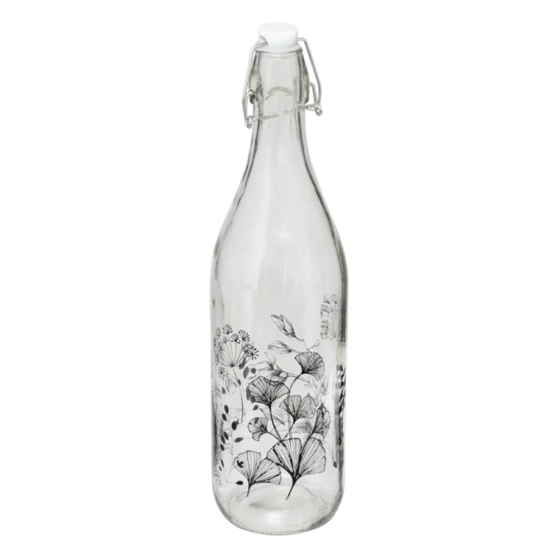 Bottle Limo with hermetic clip, glass, transparent with flor