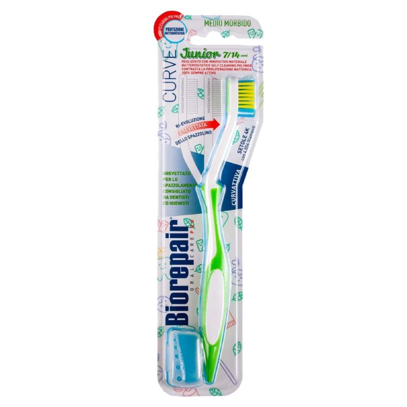 Curved toothbrush, Junior, Biorepair, plastic, 22x5 cm, gree
