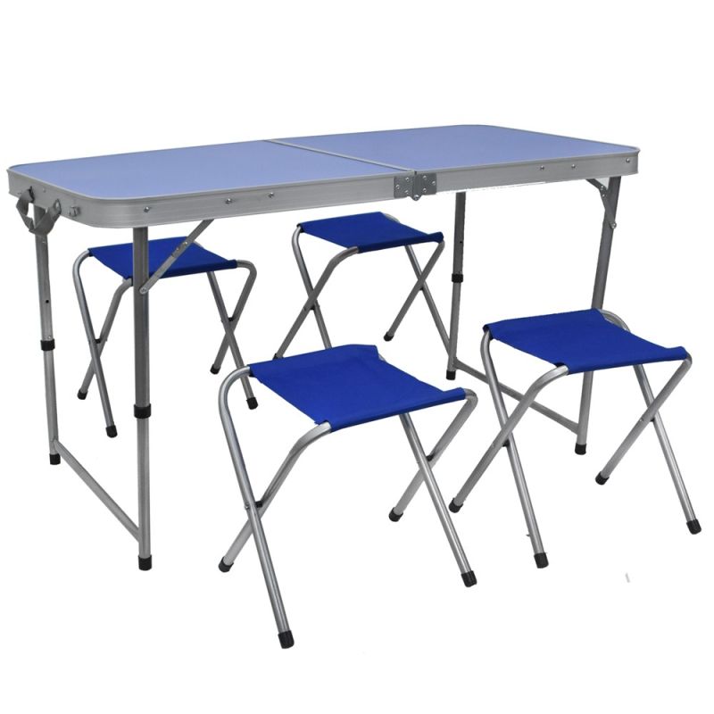 Camping table and stools set, aluminum, MDF and textile, 60x