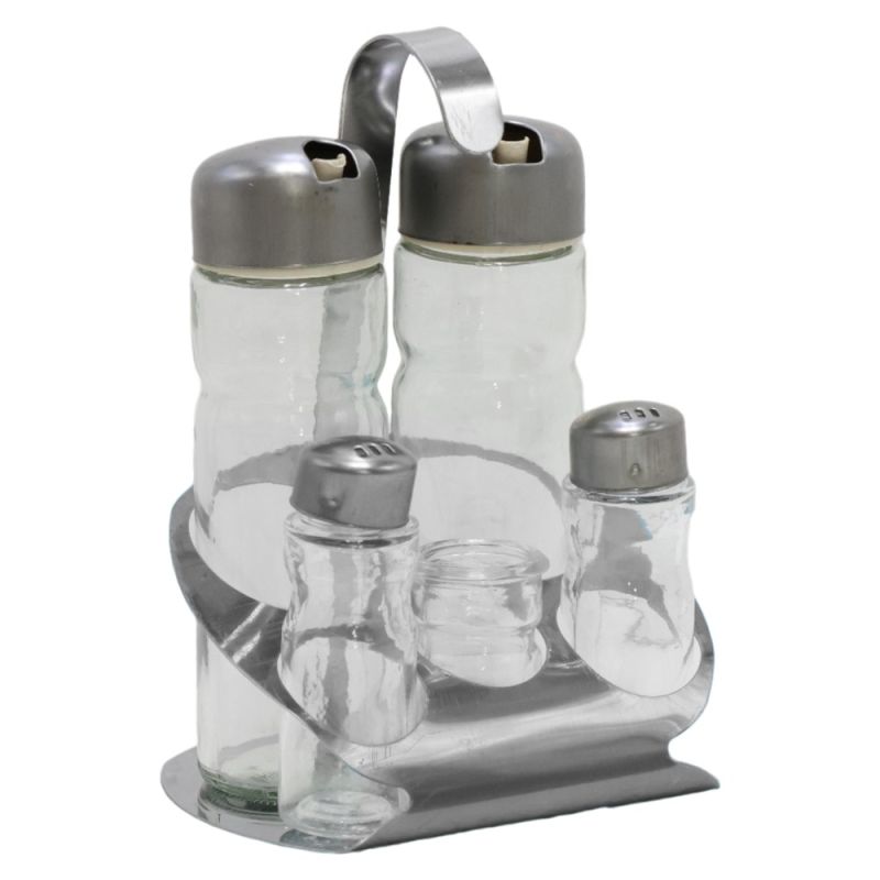 Set mbajtëse vaj/uthull/kripë/piper/kunja (PK 5), inoks/qelq