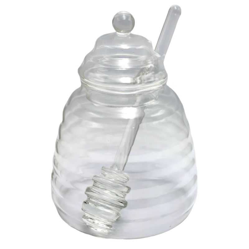 Honey jar with spoon, glass, transparent, H10 cm / 480 ml