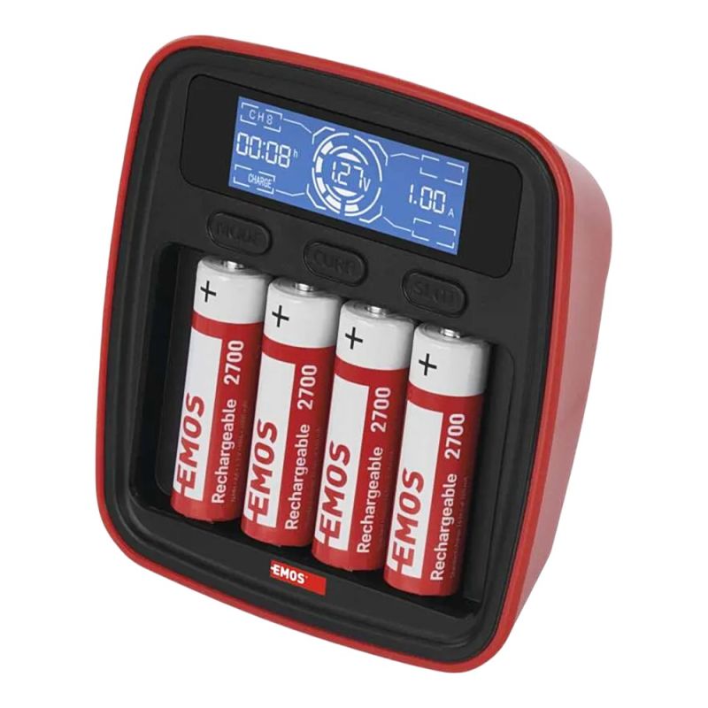 Battery charger, Emos, 2xAA/2xAAA, 1000–250 mA, USB-C, 11×9.