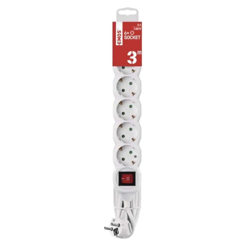 Power strip, 6 sockets, 3M, 3x1.5mm, white, with switch | Me