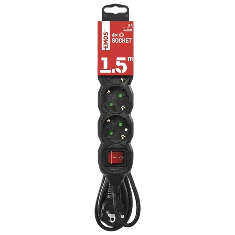 Electric extension cord, 4 modules, 1.5m, 3x1.5mm, black, wi