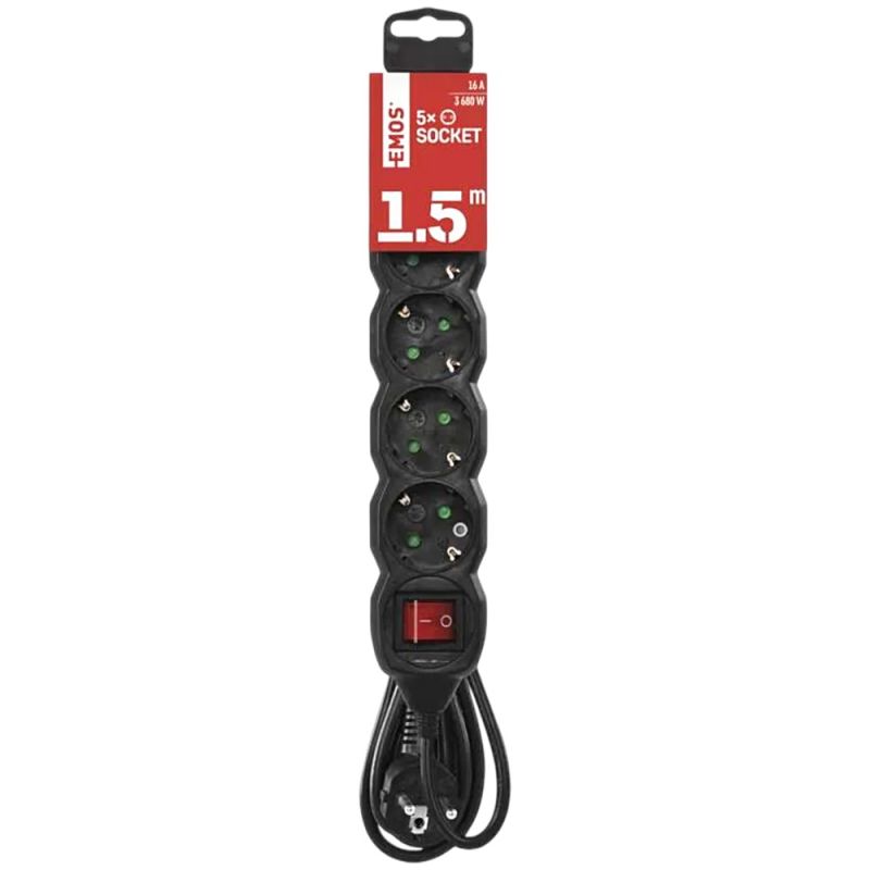 Electric extender, 5 modules, 1.5m, 3x1.5mm, black, with swi
