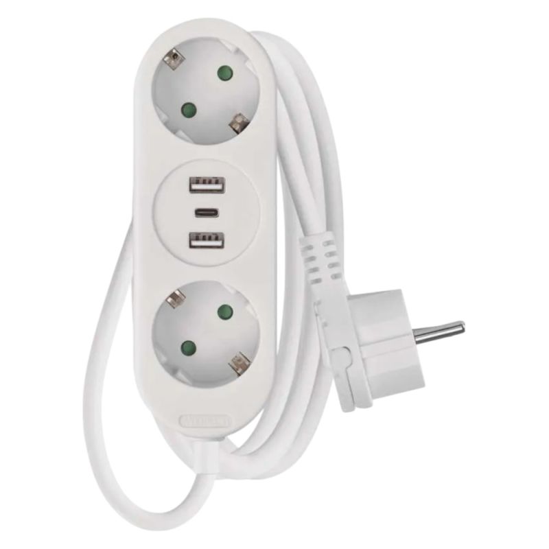 Power extension cord, 2 modules + USB + Type-C, 1.4m, white,