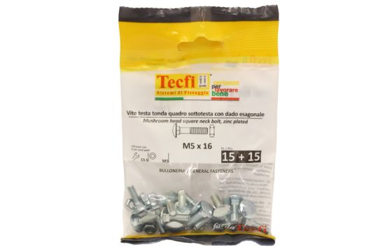 Mushroom head square neck bolt w/hex nut, 4.8, zp, M5x16mm,